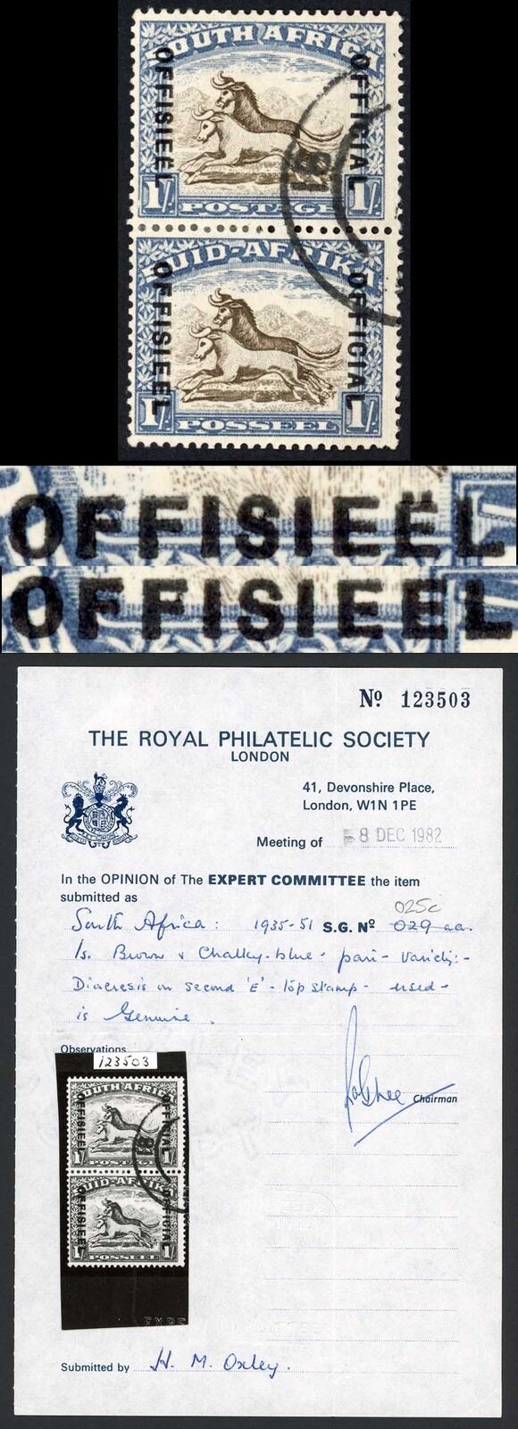 South Africa SGO25c 1/- Diaeresis on Afrikaans Stamp RPS Cert | Africa ...