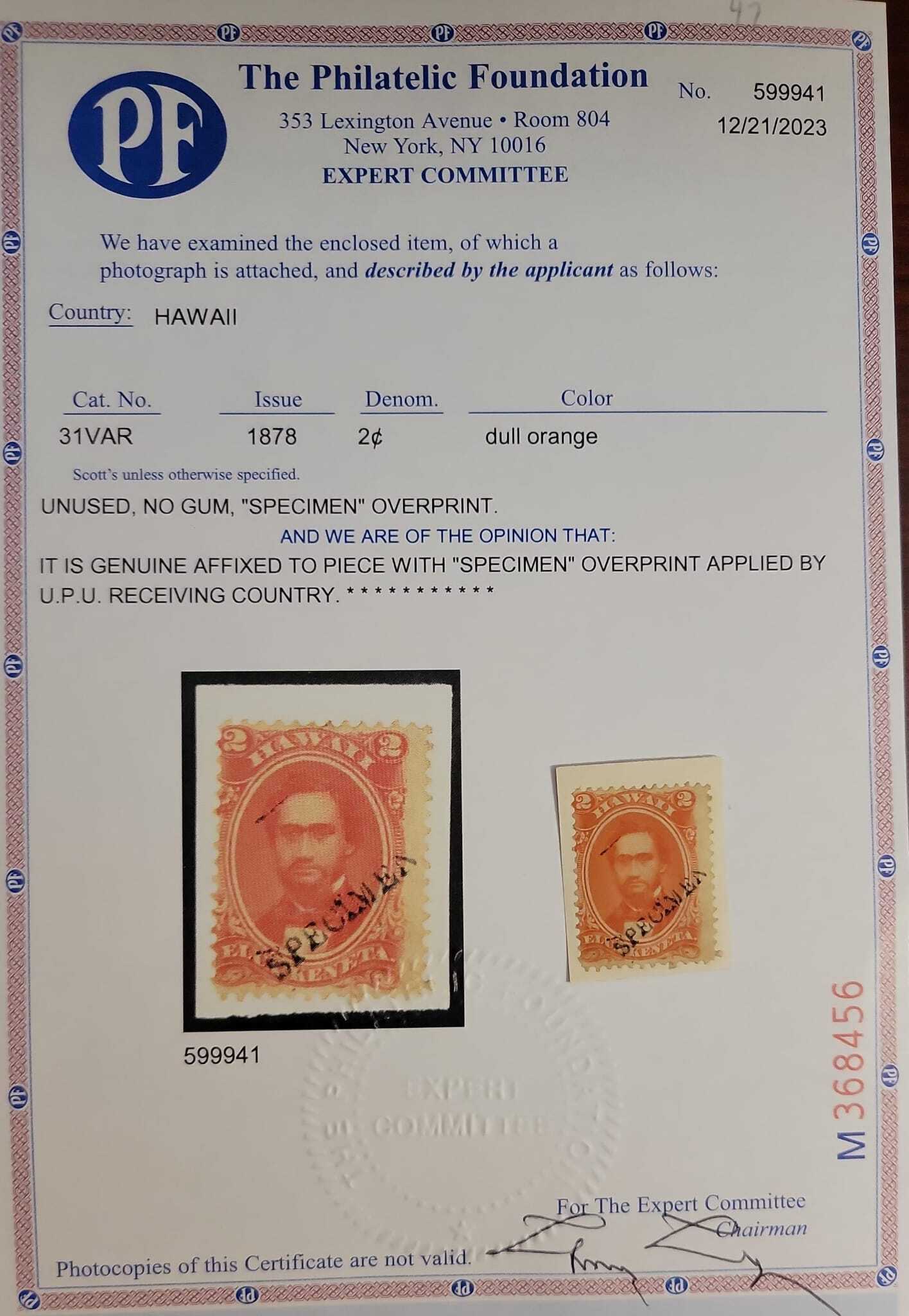 O) 1878 HAWAII, SPECIMEN OVERPRINT, KING KAMEHAMEHA IV SCT 31 2c rose ...