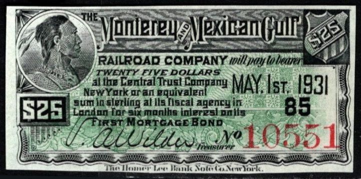 1931 US Monterey and Mexican Gulf Railroad Pay $25.00 in Gold Coin ...