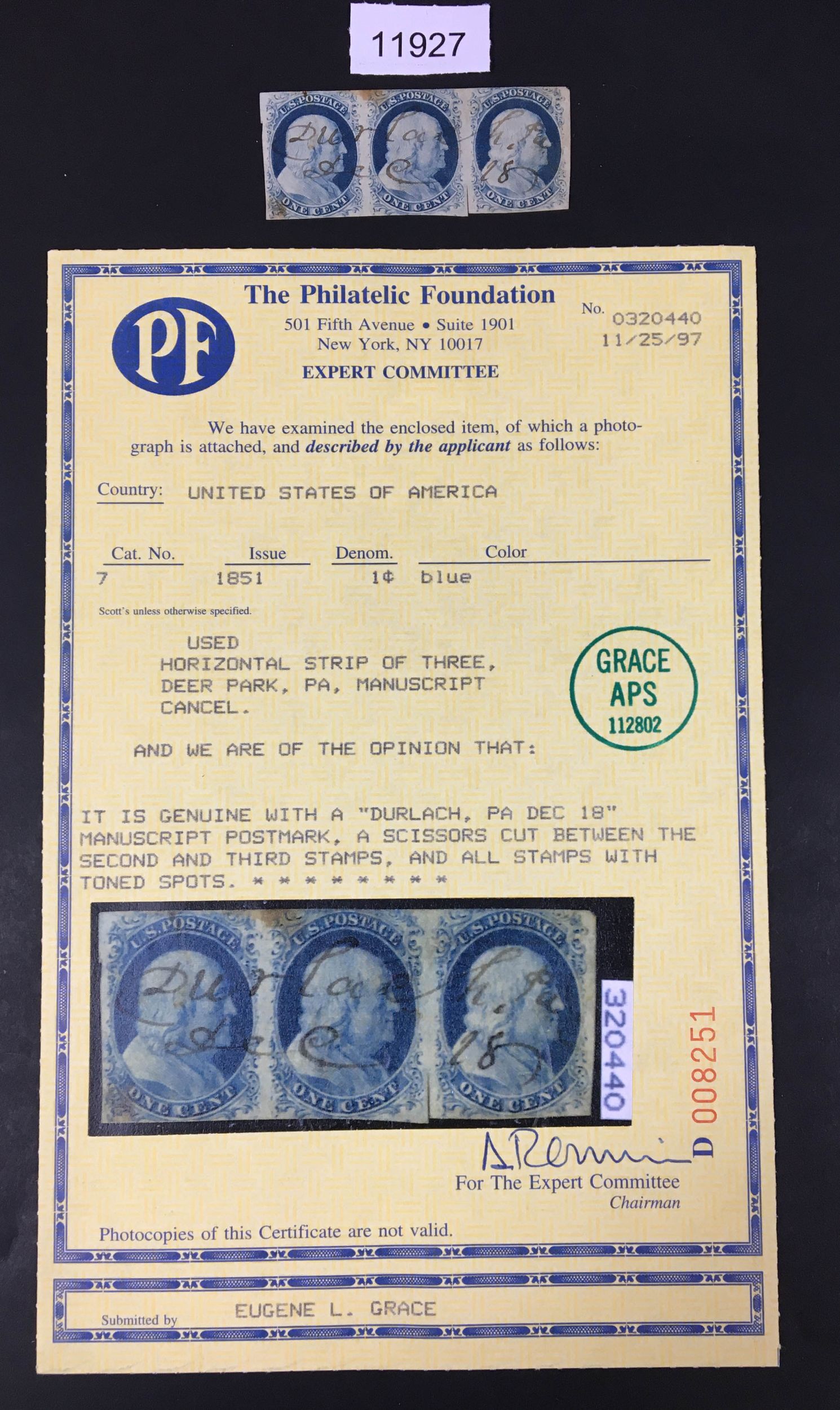 US Stamps # 7 Used Strip **Pf Cert** LOT #11927 | United States ...