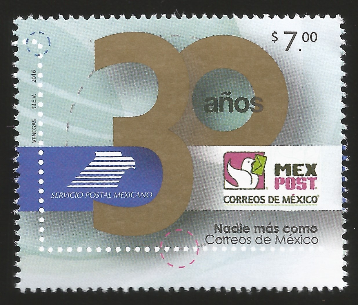 G)2016 Mexico, Mexican Postal Service & Mexpost Emblems, 30 Years Anniv ...