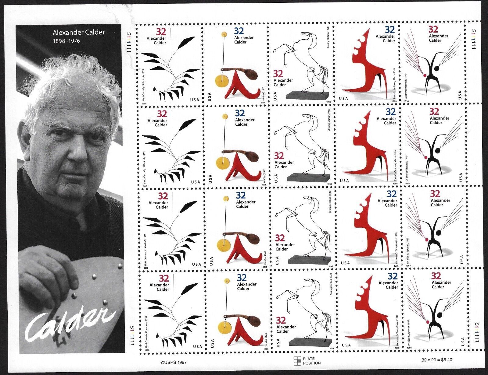 US 3202a (3198 - 3202) - MNH Pane of 20 - 32c stamps. Alexander Calder ...
