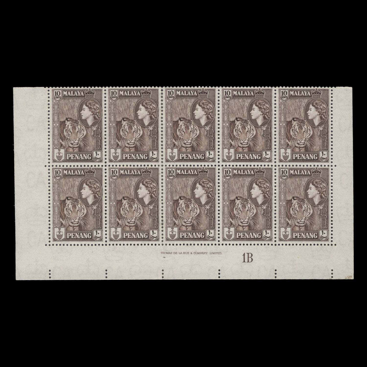 Penang 1957 (MHH) 10c Tiger imprint/plate 1B block | Asia - Malaysia ...