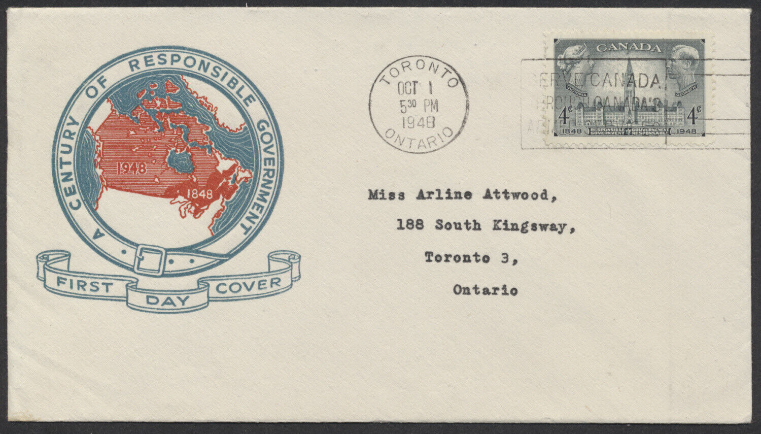 1948 #277 Responsible Govt FDC, Jacobi Map Cachet, Toronto Serve Canada ...