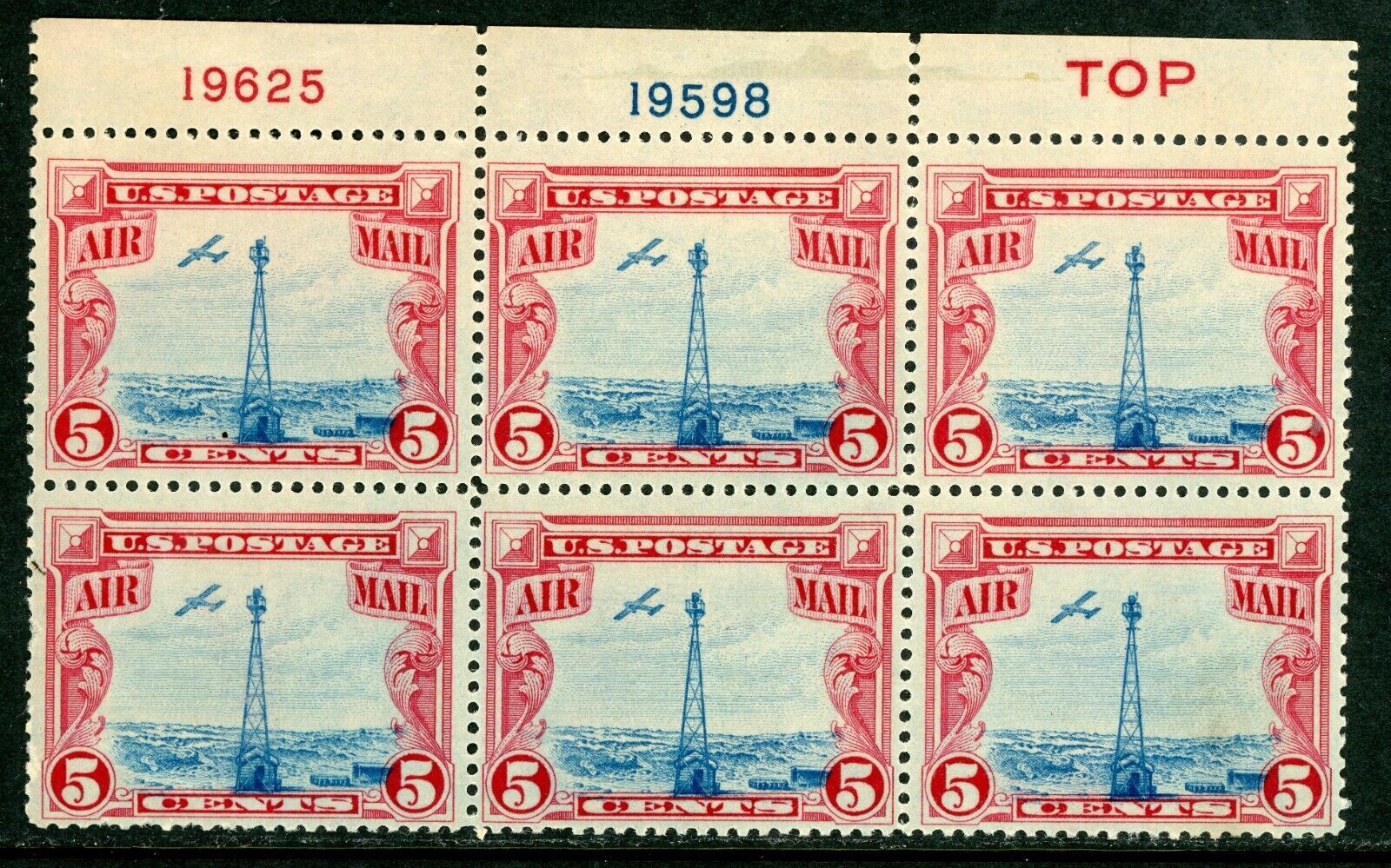 USA 1928 Airmail 5¢ Beacon Plate Number Block Scott C11 Mint W603 ...
