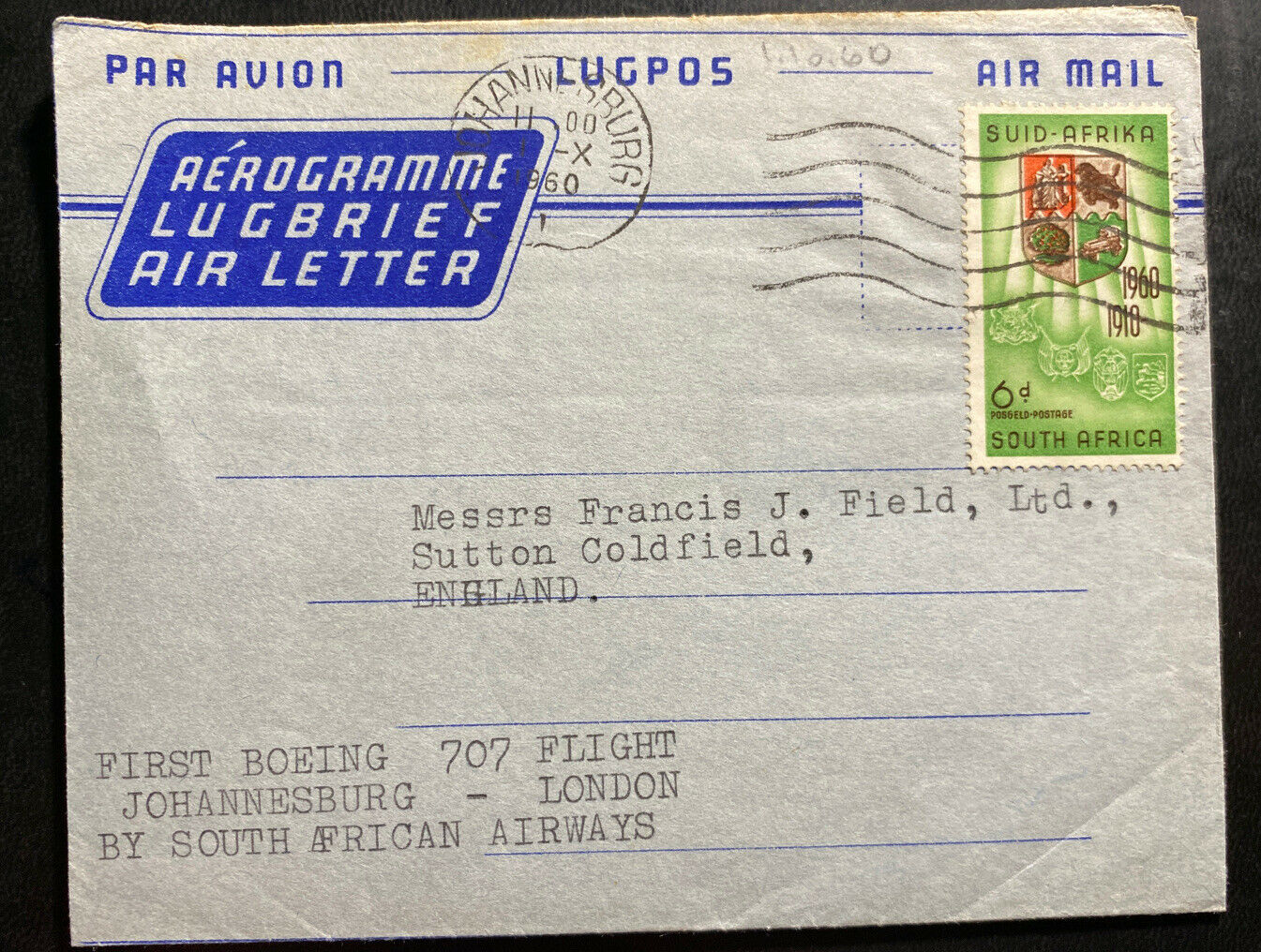1960 Johannesburg South Africa Air Letter First Flight Cover FFC To ...