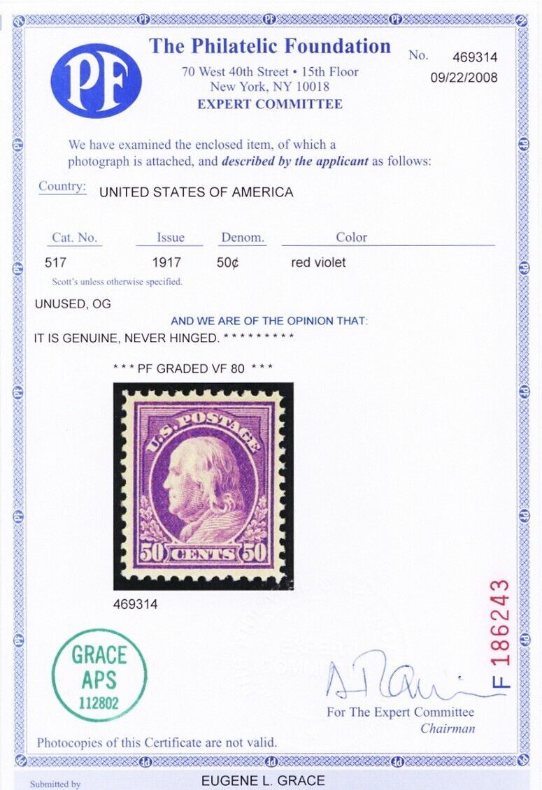 517, Mint VF NH 50¢ - PFC Certificate Graded 80 * Stuart Katz | United ...