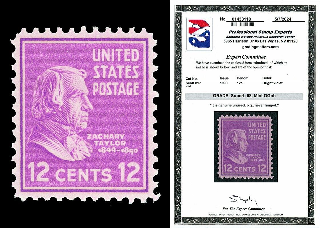 Scott 817 1938 12c Presidential Issue Mint Graded Superb 98 NH with PSE ...