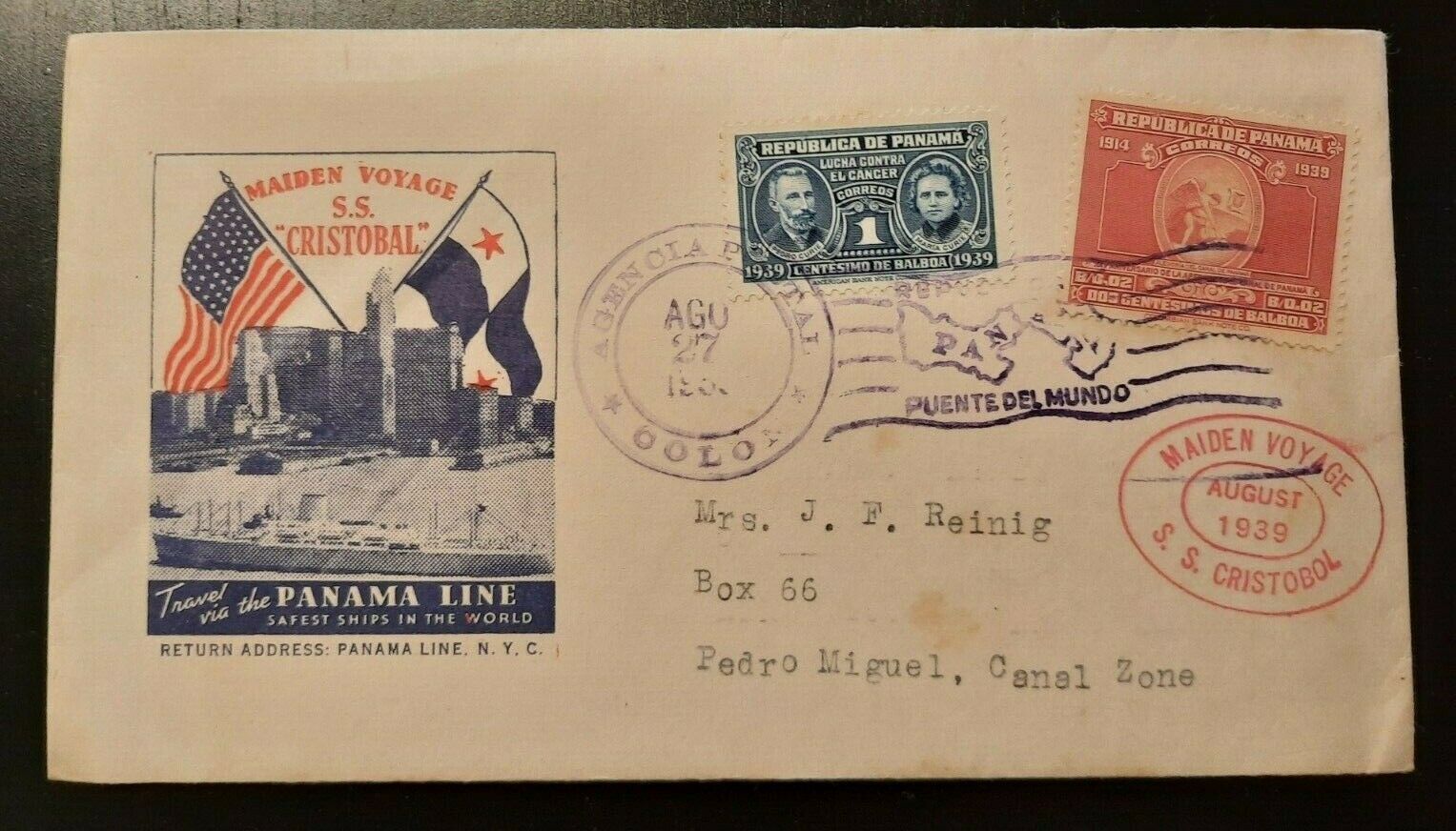 1939 Maiden Moyage SS Cristobal Aux Cachet Colon Panama Pedro Miguel ...