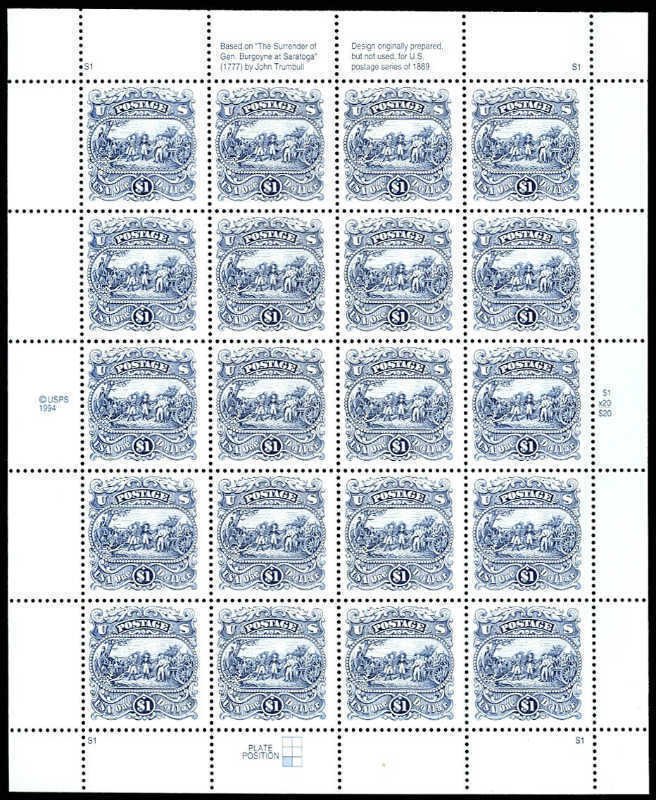 US Stamp 1994 $1 Surrender at Saratoga Sheet of 20 Stamps #2590 ...
