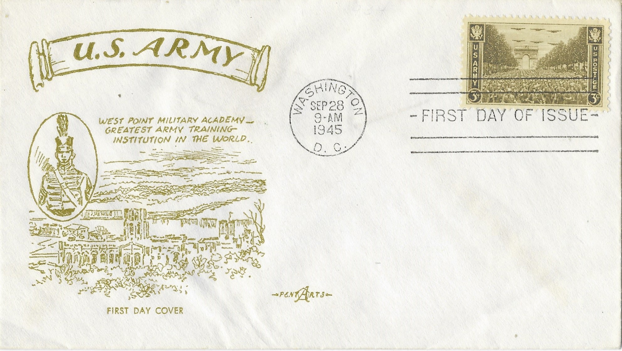 1945 FDC, #934, 3c U.S. Army, Pent Arts | United States, General Issue ...