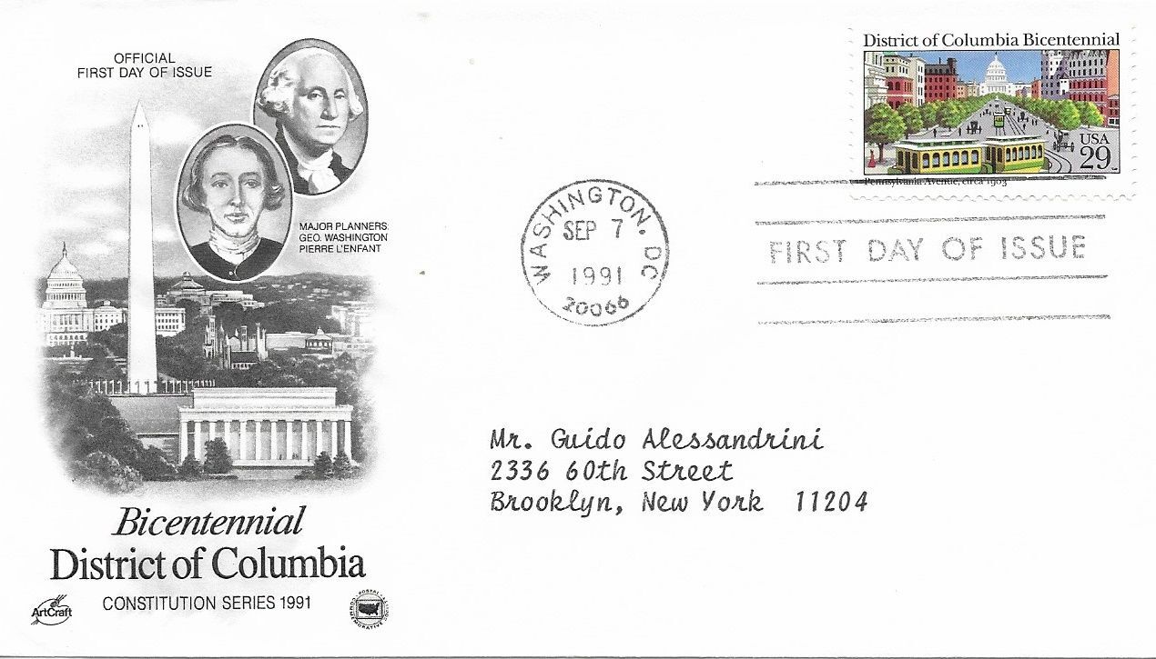 1991 FDC, #2561, 29c District of Columbia, Artmaster & Art Craft/PCS ...