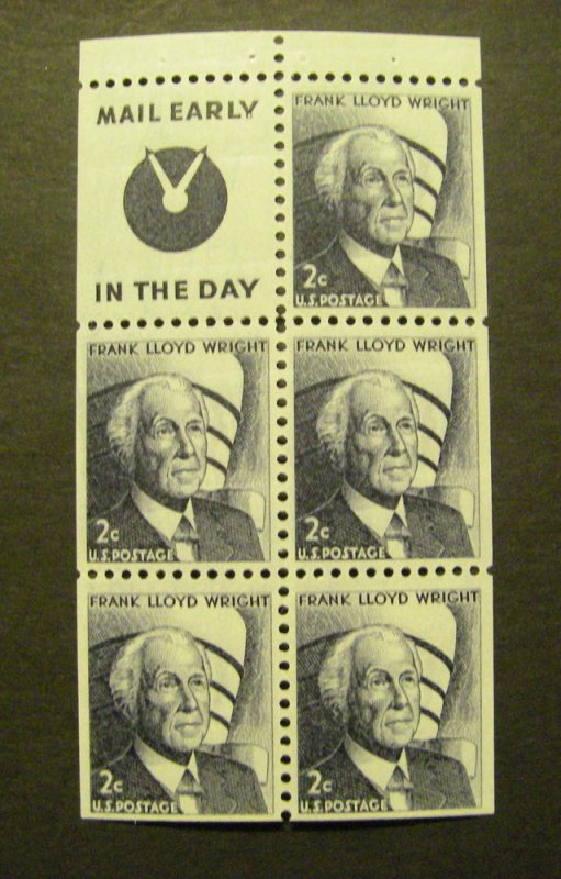 Scott 1280a, 2c Frank Lloyd Wright, pane of 5, Slogan 4, MNH shiny gum ...