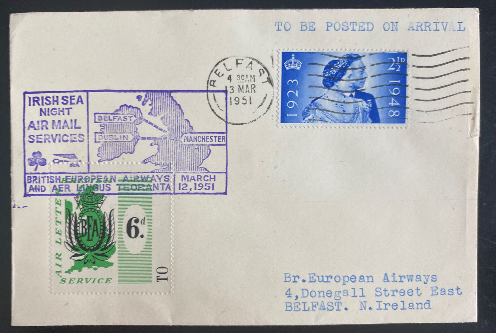 1951 Belfast England First All Up Airway Letter Services BEA Cover 130 ...