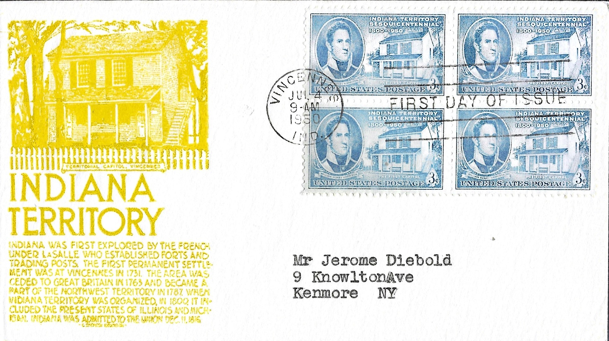 1950 FDC, #996, 3c Indiana Territory 100th, Anderson, block of 4 ...
