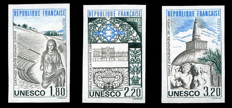 France, Officials #2O30/2O36 (YT 88-90) Cat€92, 1985 UNESCO, imperf ...
