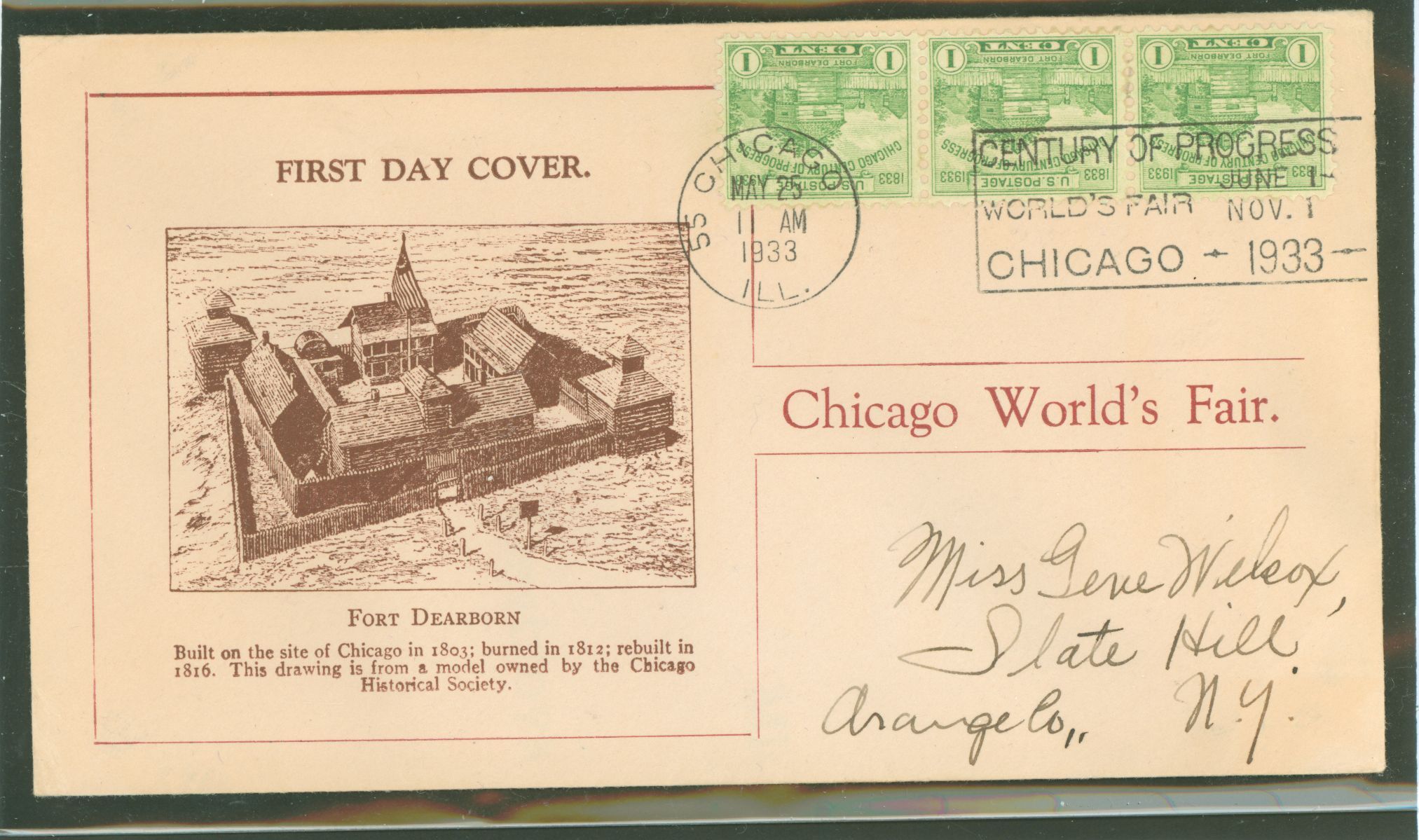 US 728 1c Fort Dearborn (Chicago World's Fair) strip of three sheet ...