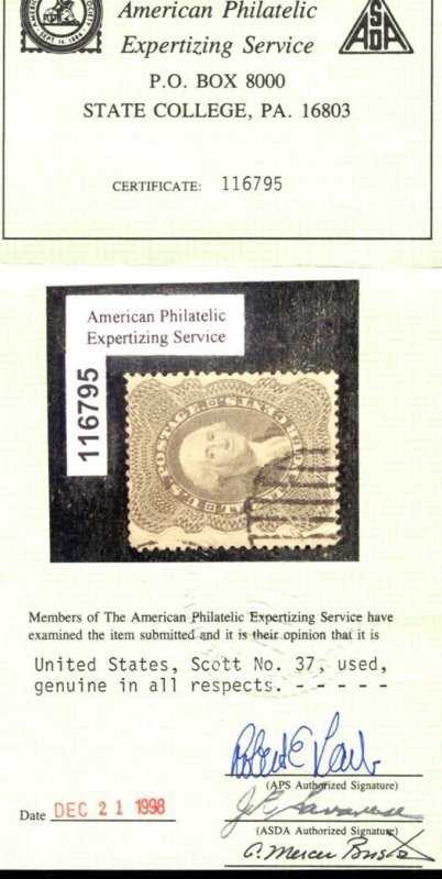 US Stamps # 37 Used VF Sound *** APS Cert *** CV $400 LOT #12262 ...