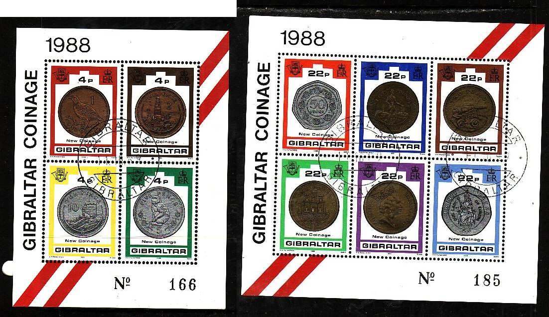 Gibraltar-Sc#556-7- id5-used sheets-Coins-1989- | Canada, General Issue ...