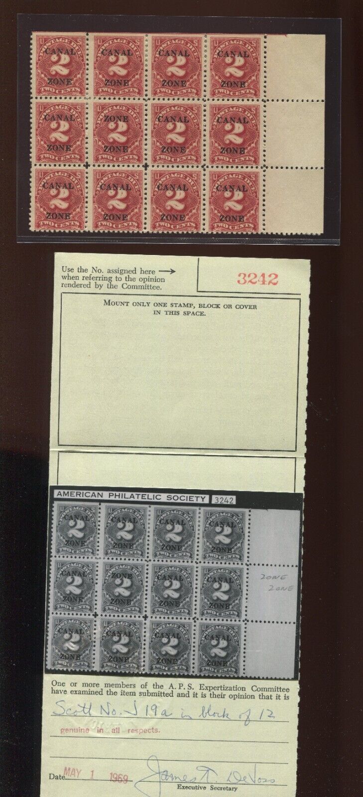 Canal Zone J19a "ZONE ZONE" Error in Block of 12 Stamps with APS Cert ...