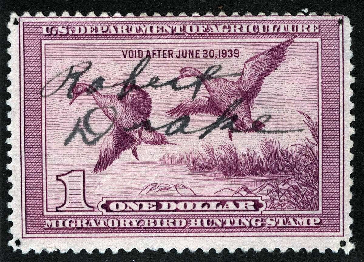 US Sc RW5 Violet $1.00 1938 No Gum M/S Signature Duck Hunting Permit ...