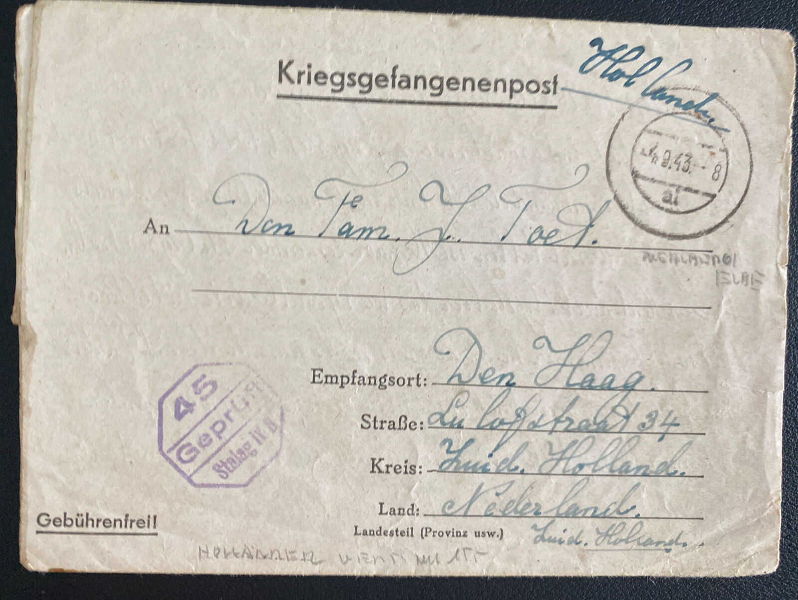 1943 Germany Stalag 4B POW Prisoner of War Letter Cover To The Hague ...