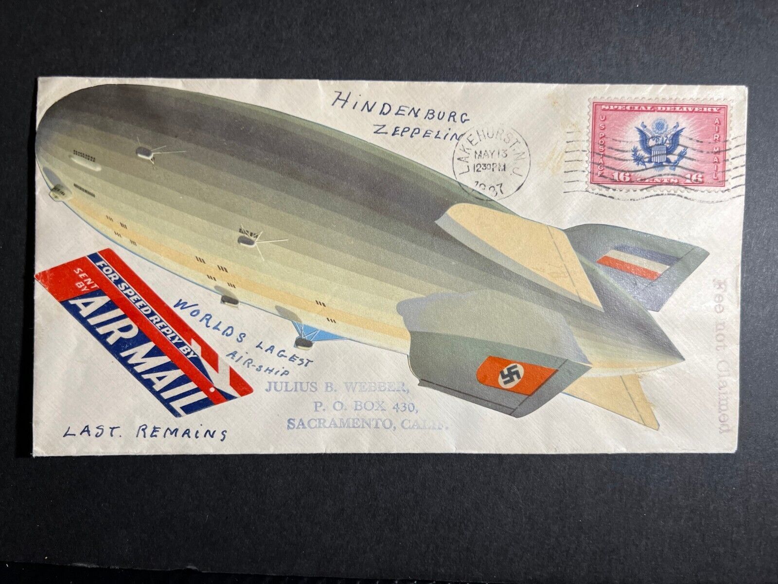 1937 USA Airmail Zeppelin Airship Cover Hindenburg Last Remains ...
