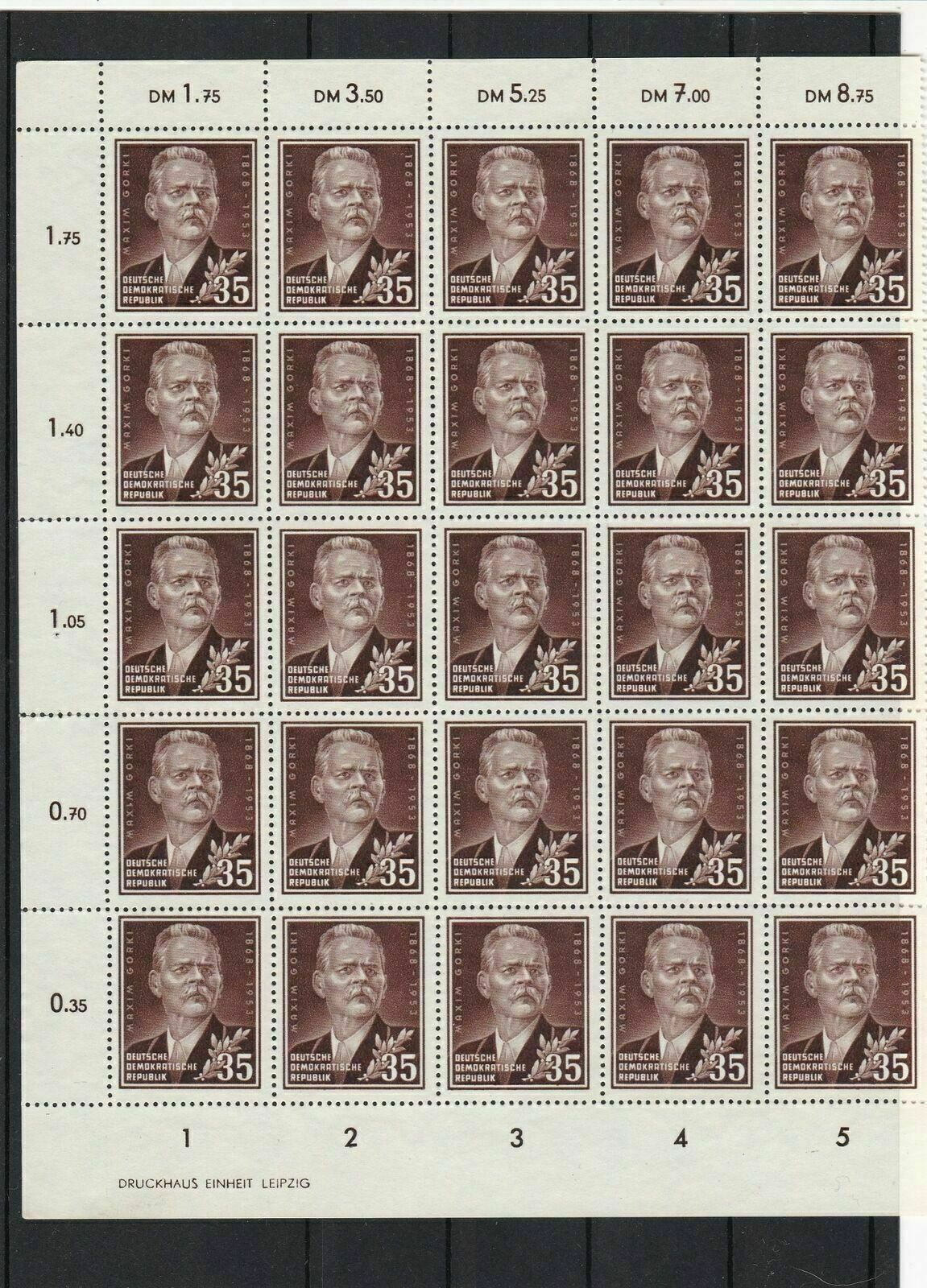 german democratic republic Maksim Gorky 1953 Half Stamps Sheet No Gum ...