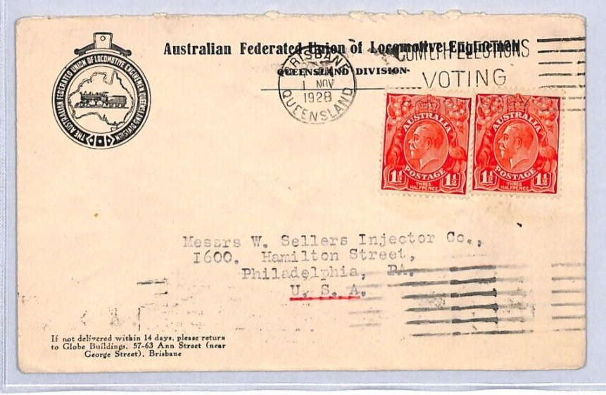 Australia KGV Sideface Cover 1928 Railway Brisbane *Locomotive ...