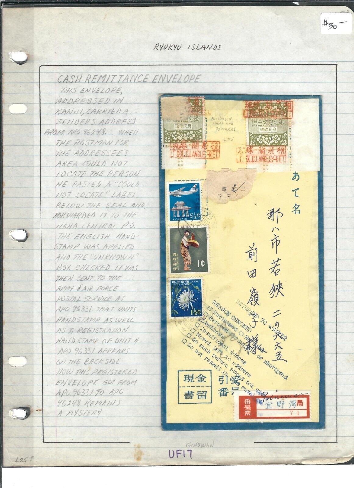 Okinawa, Ryukyu Islands, 1966 Cash Remittance Env. Regis. fm APO 97248 ...