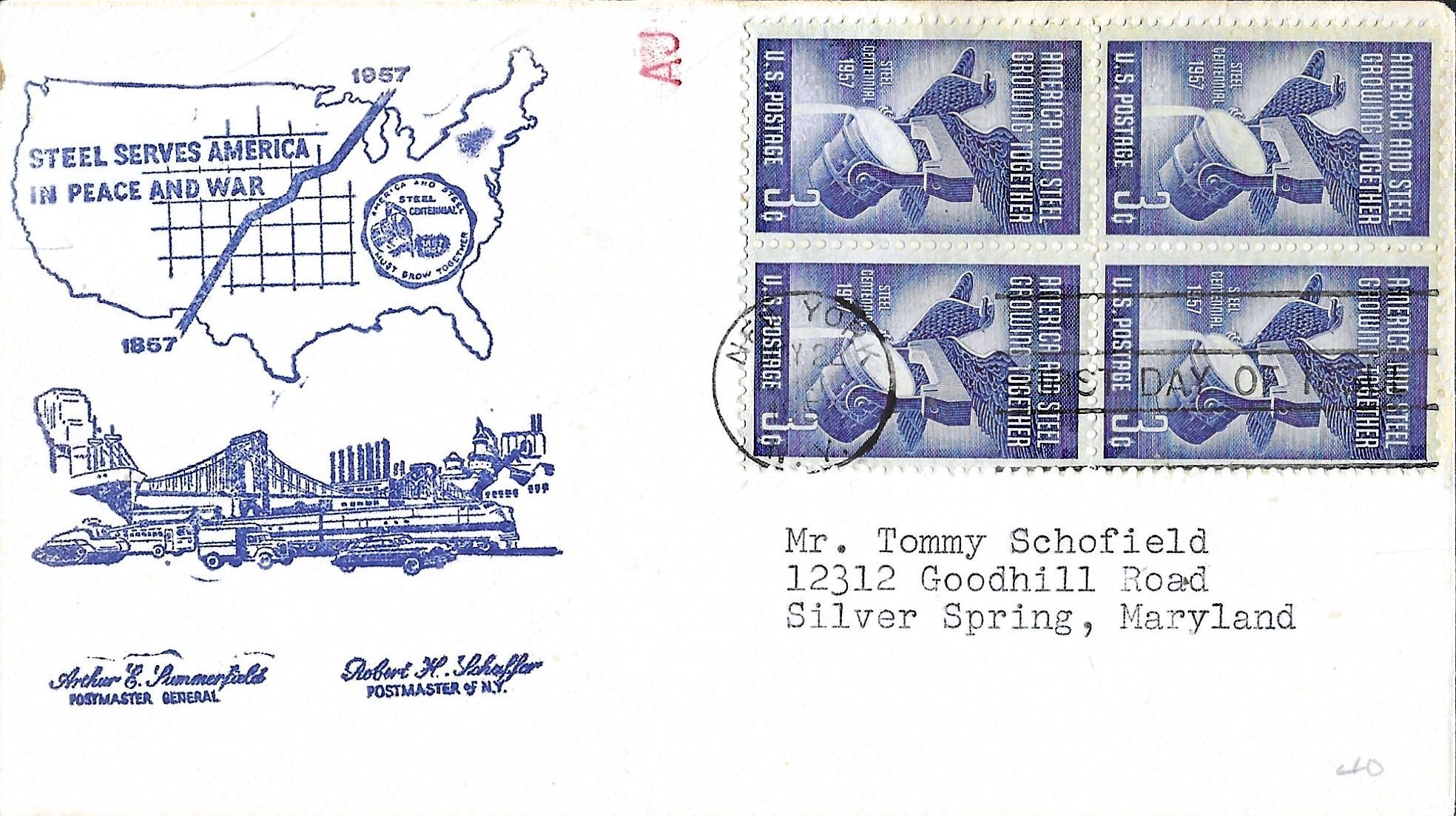 1957 FDC, #1090, 3c Steel Industry, NYPO, block of 4 | United States ...