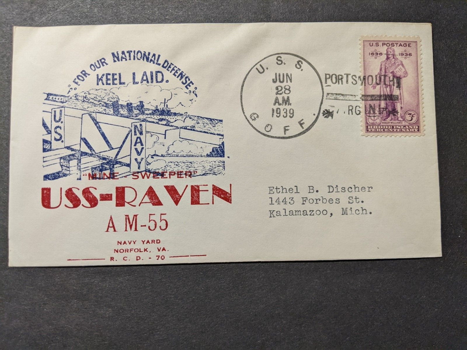 USS RAVEN AM-55 Naval Cover 1939 HUTNICK KEEL LAID Cachet USS GOFF ...