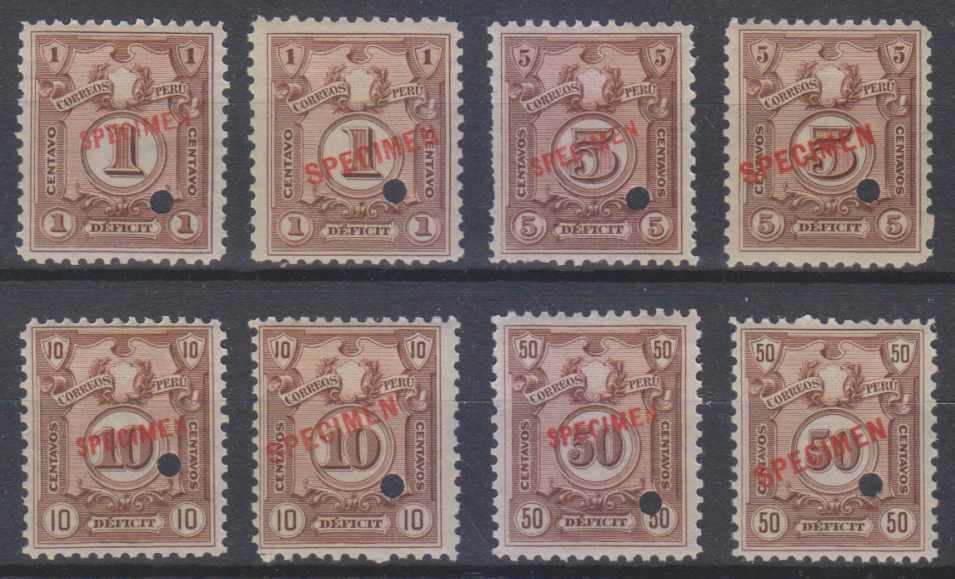 Peru 1909 Postage DUE Sc J40-J43 (8X) TWO Sets Perf Proofs + "Specimen ...