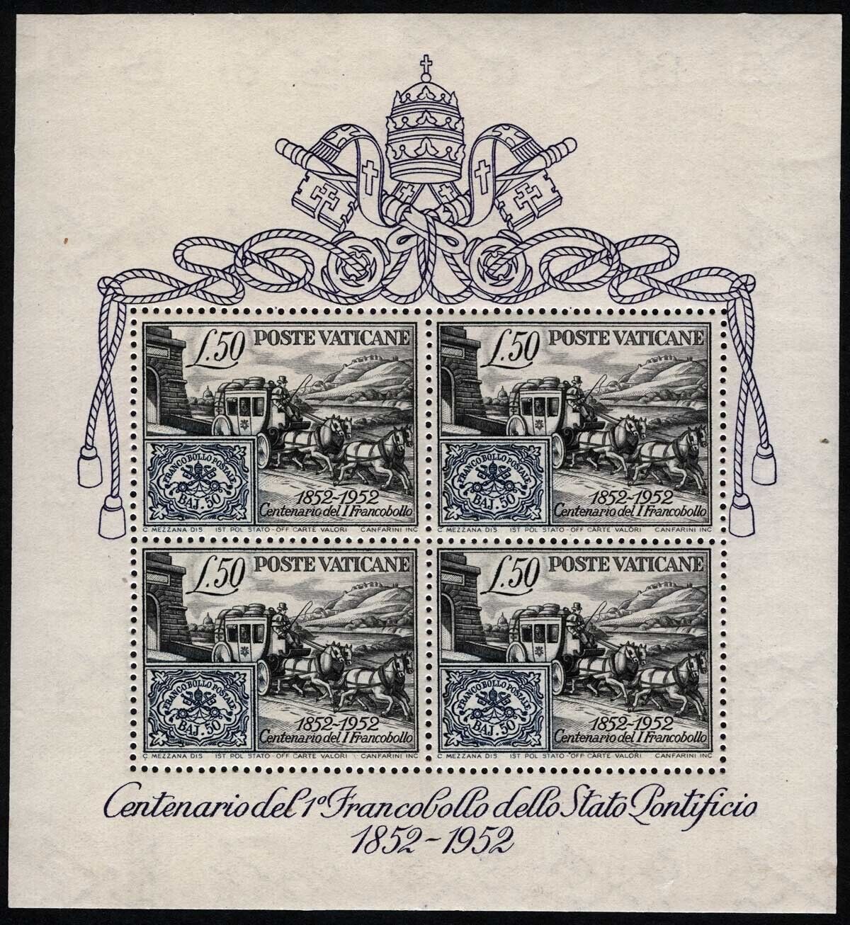 Vatican Sc 155a Sep & Dp Blue 1952 MNH Original Gum Souvenir Sheet ...