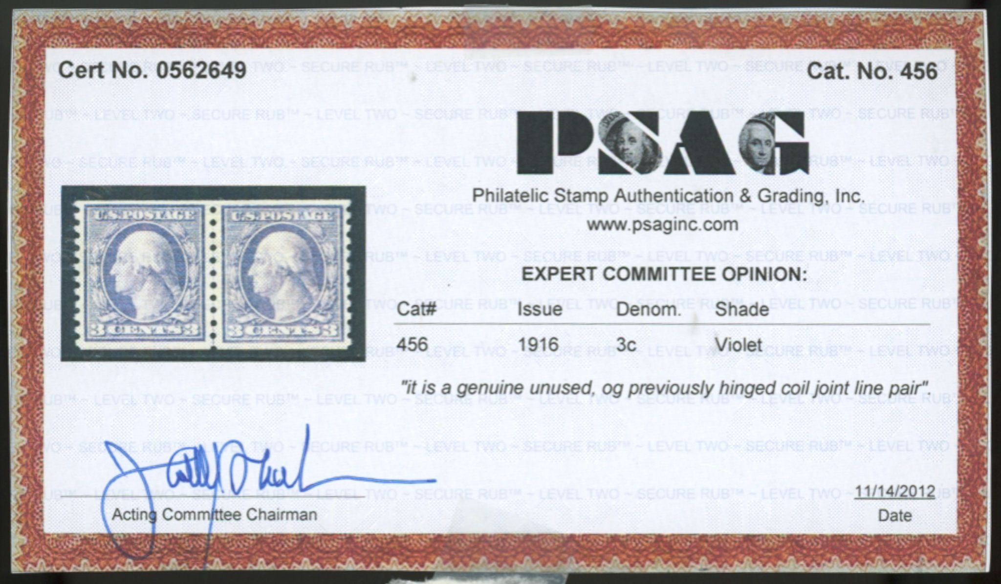 U.S. #456 Mint Line Pair With Psag Cert OG | United States, General ...