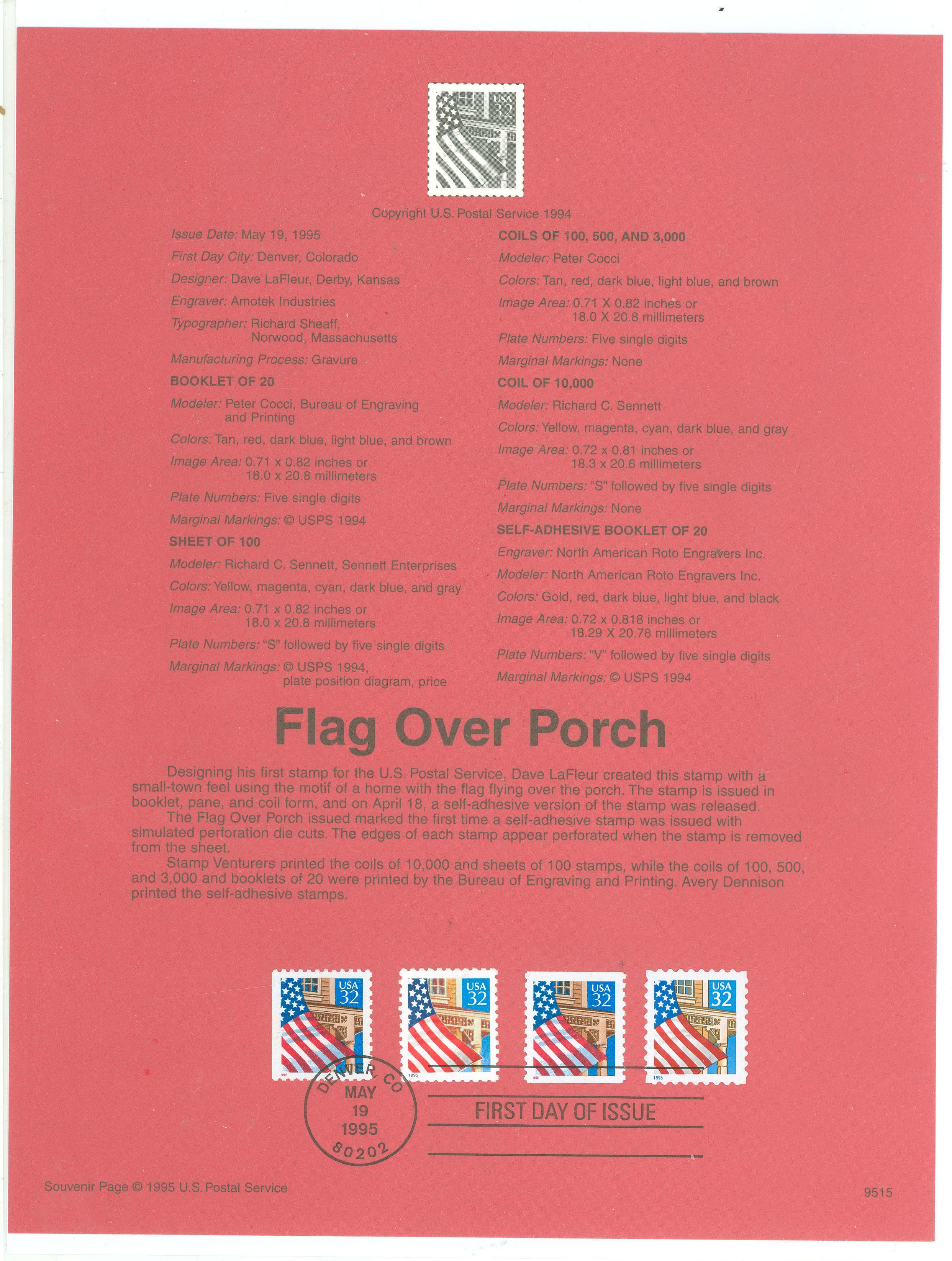US SP1091 1995 32c Flag over porch (four varieties) on USPS official ...