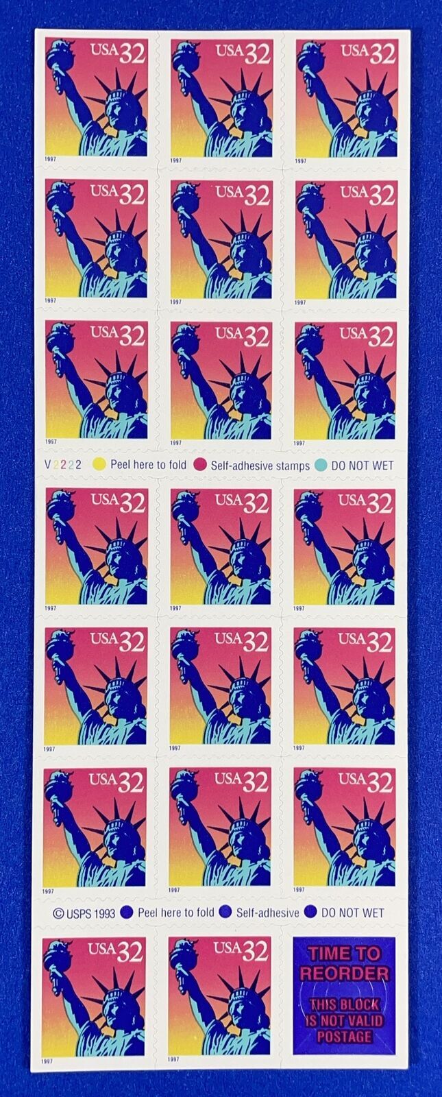 3122Ef STATUE OF LIBERTY Booklet Pane 20 US 32¢ Stamps MNH V2222 ...