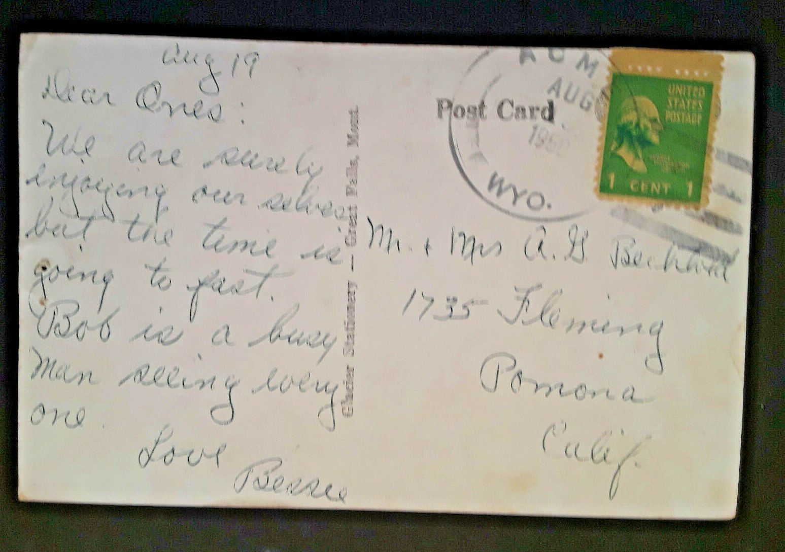 1951 Acme WY To Pomona CA Passing Of The Pot Poem Comic Postcard Cover ...