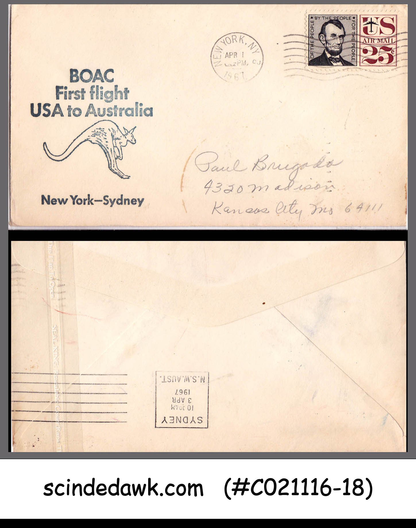 USA - 1961 Boac Airways New York USA to Sydney Australia - First Flight ...