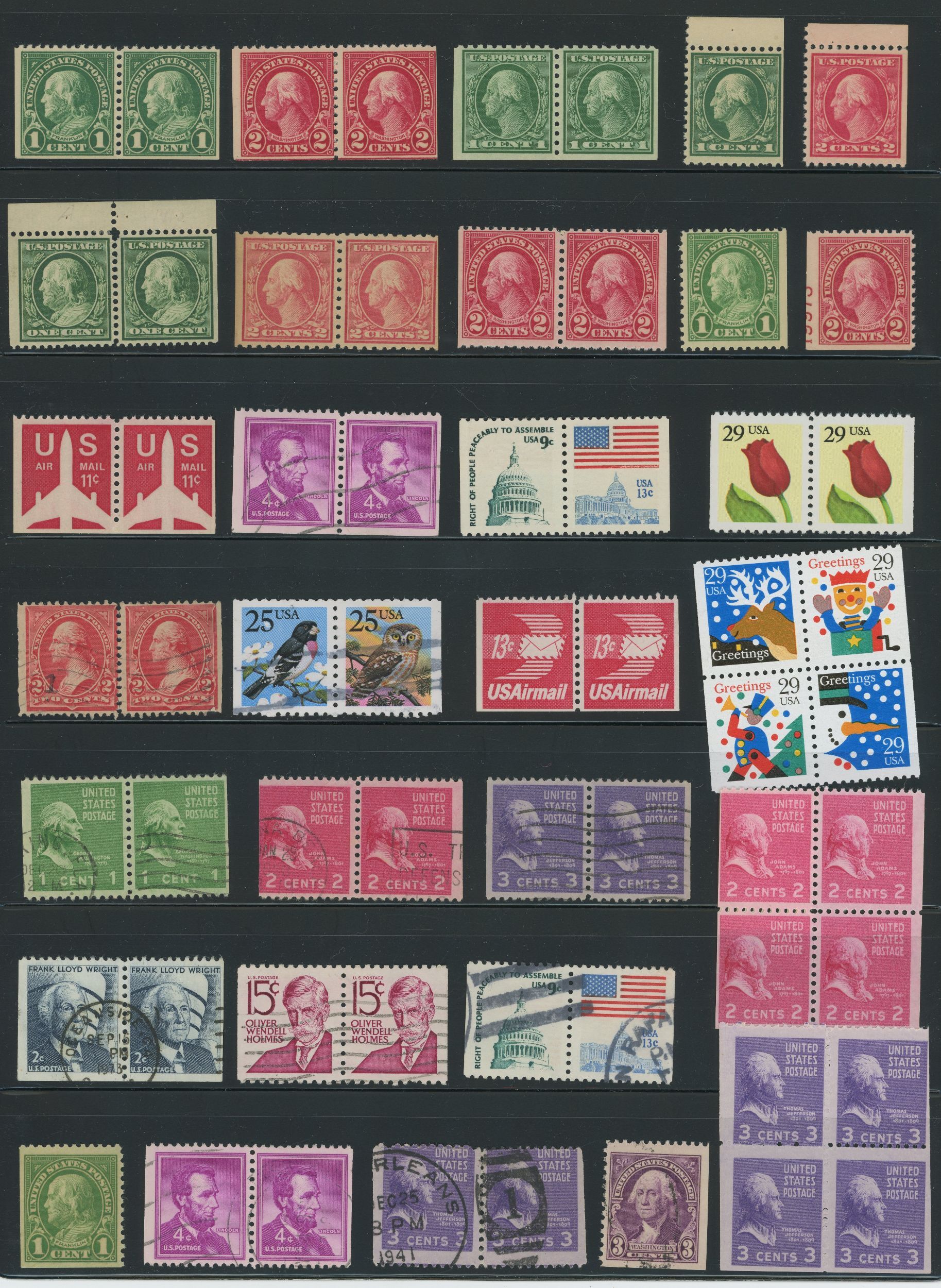 USA - Page of Booklet Pane partials: Singles, pairs, blocks - mix of ...