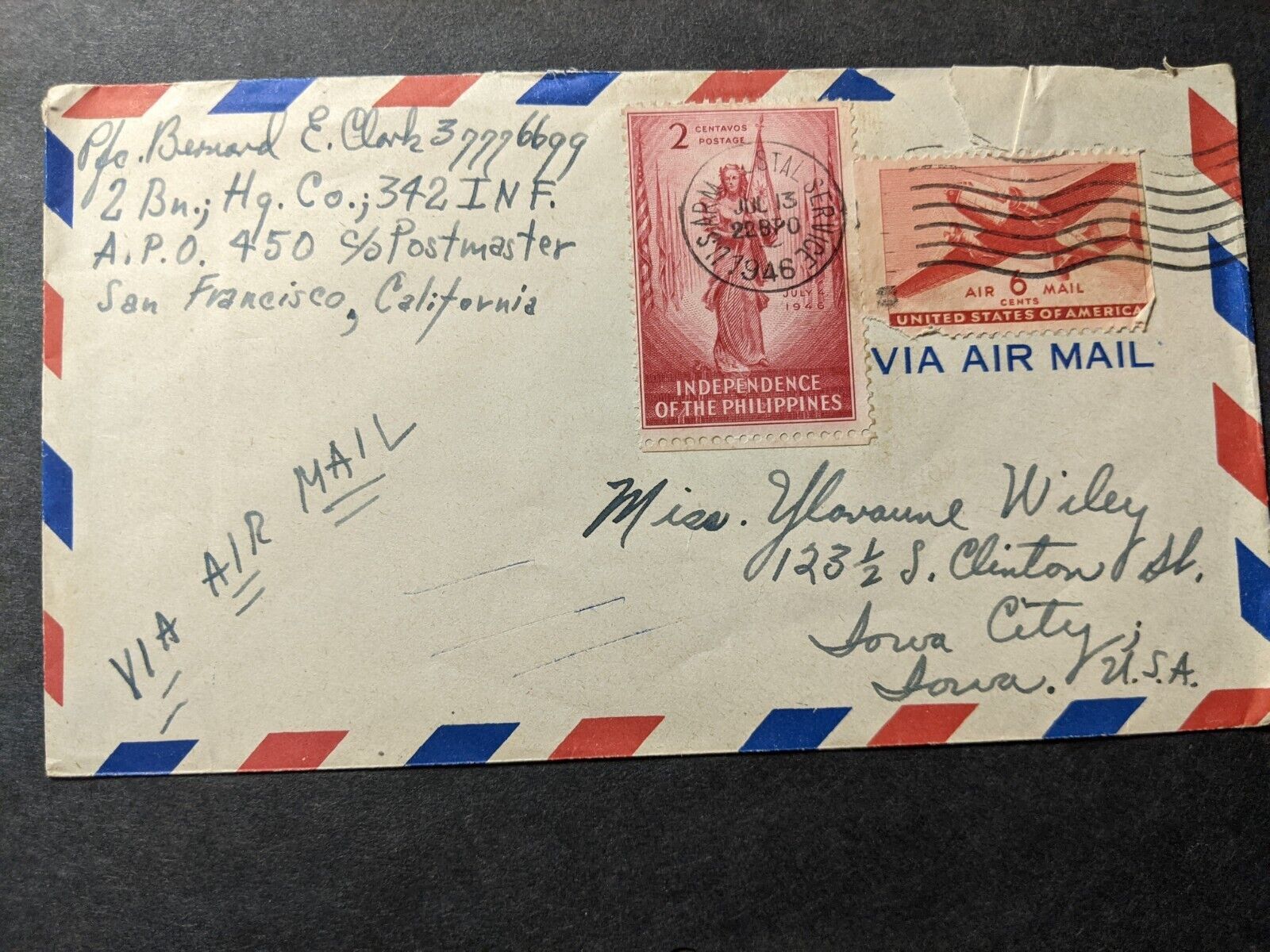 APO 450 BATANGAS, LUZON, PHILIPPINES 1946 DUAL Army Cover 342nd ...