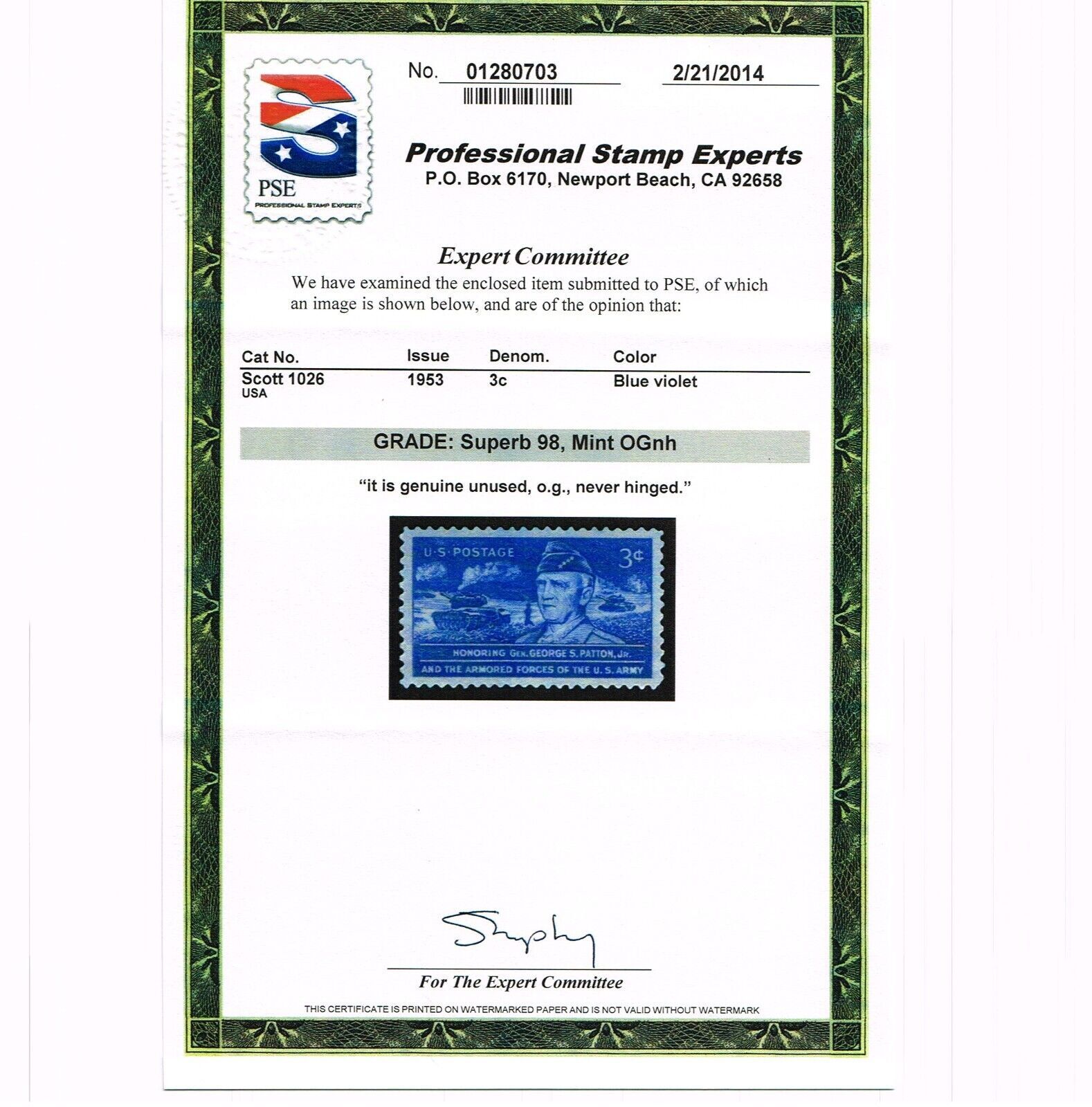 Exceptional Genuine Scott #1026 Mint Pristine OG NH PSE Cert Graded ...