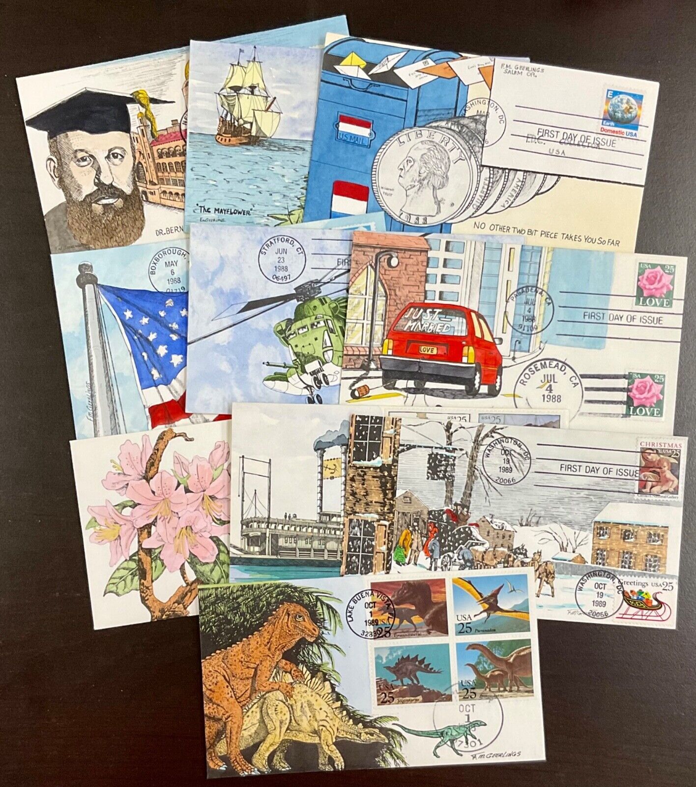 10 Geerlings cachets 1986-1989 Hand painted FDCs | United States, Stamp ...