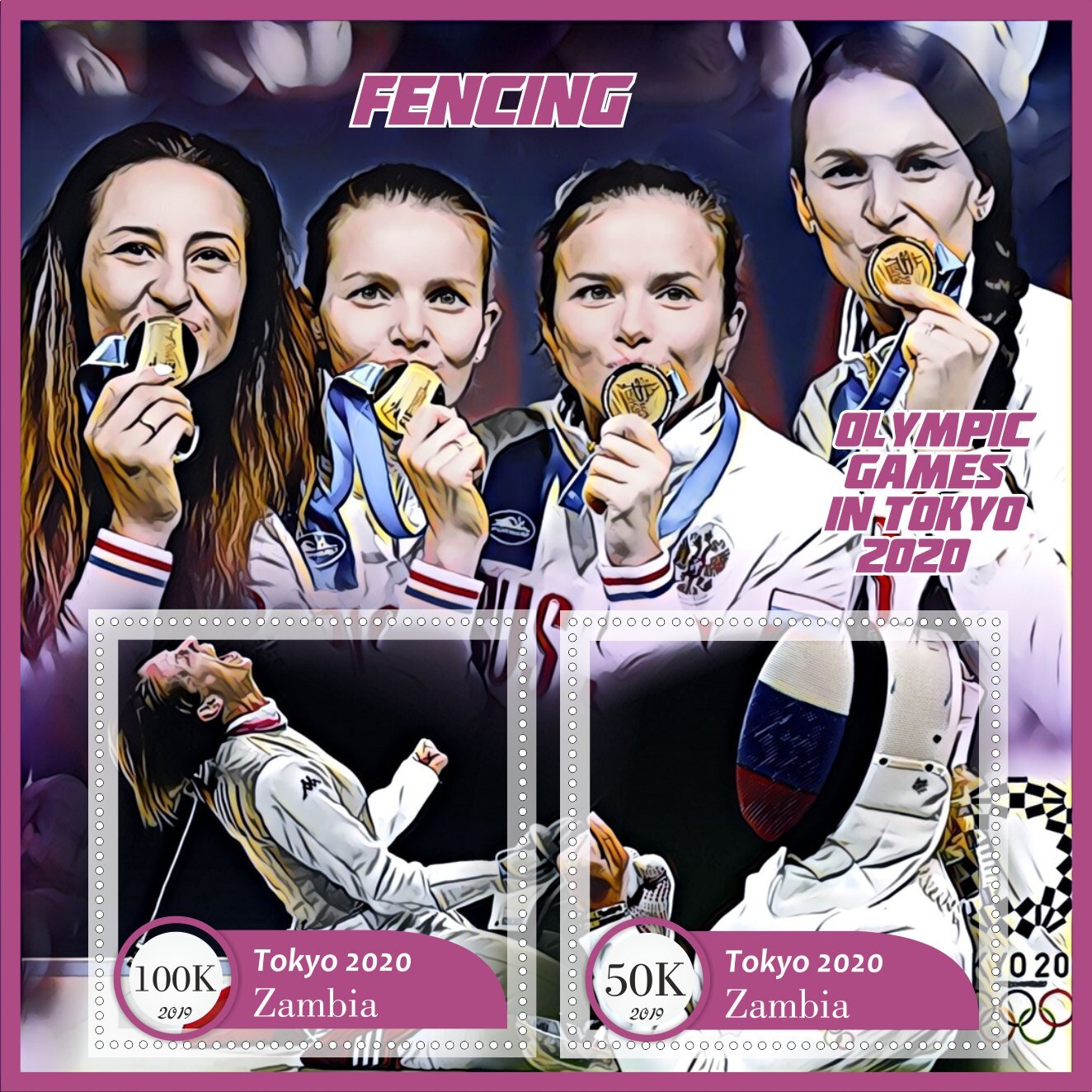 Stamps. Olympic games Tokyo Fencing 2020 2019 year 1+1 sheets ...