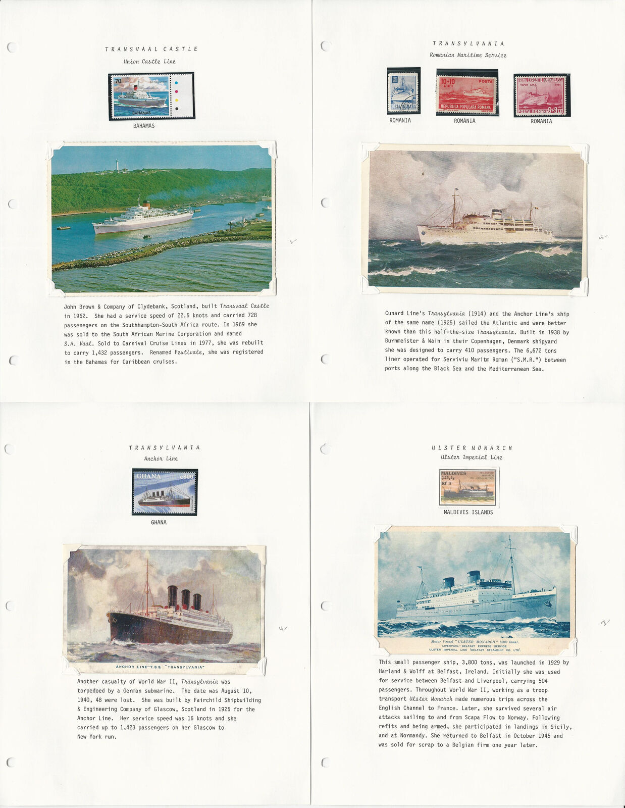 Ship Stamp & Postcard Lot, Transvaal Castle, Transylvania, Ulster ...