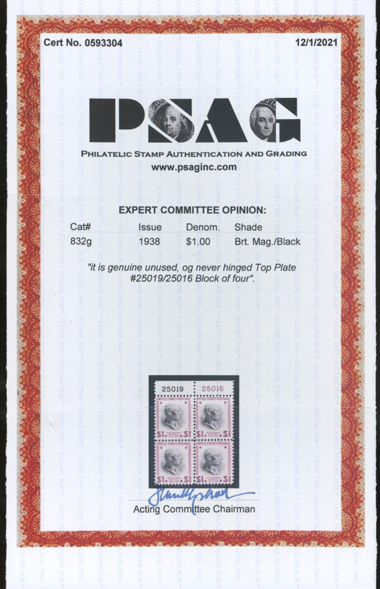 U.S. #832G Mint OG NH Plate Block With Psag Cert | United States ...