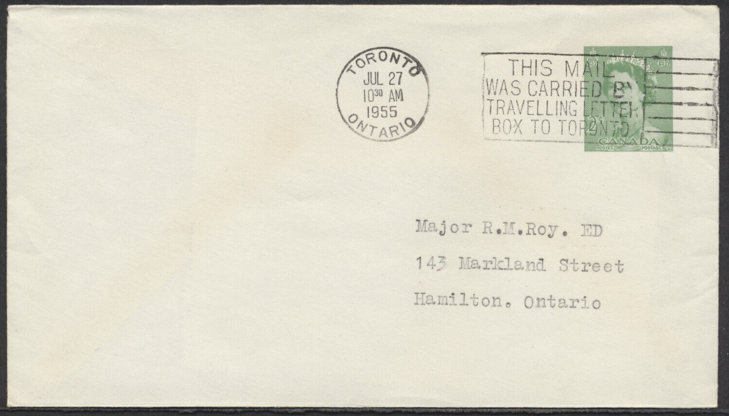 1955 'This Mail Was Carried By Travelling Letter Box To Toronto' Slogan ...
