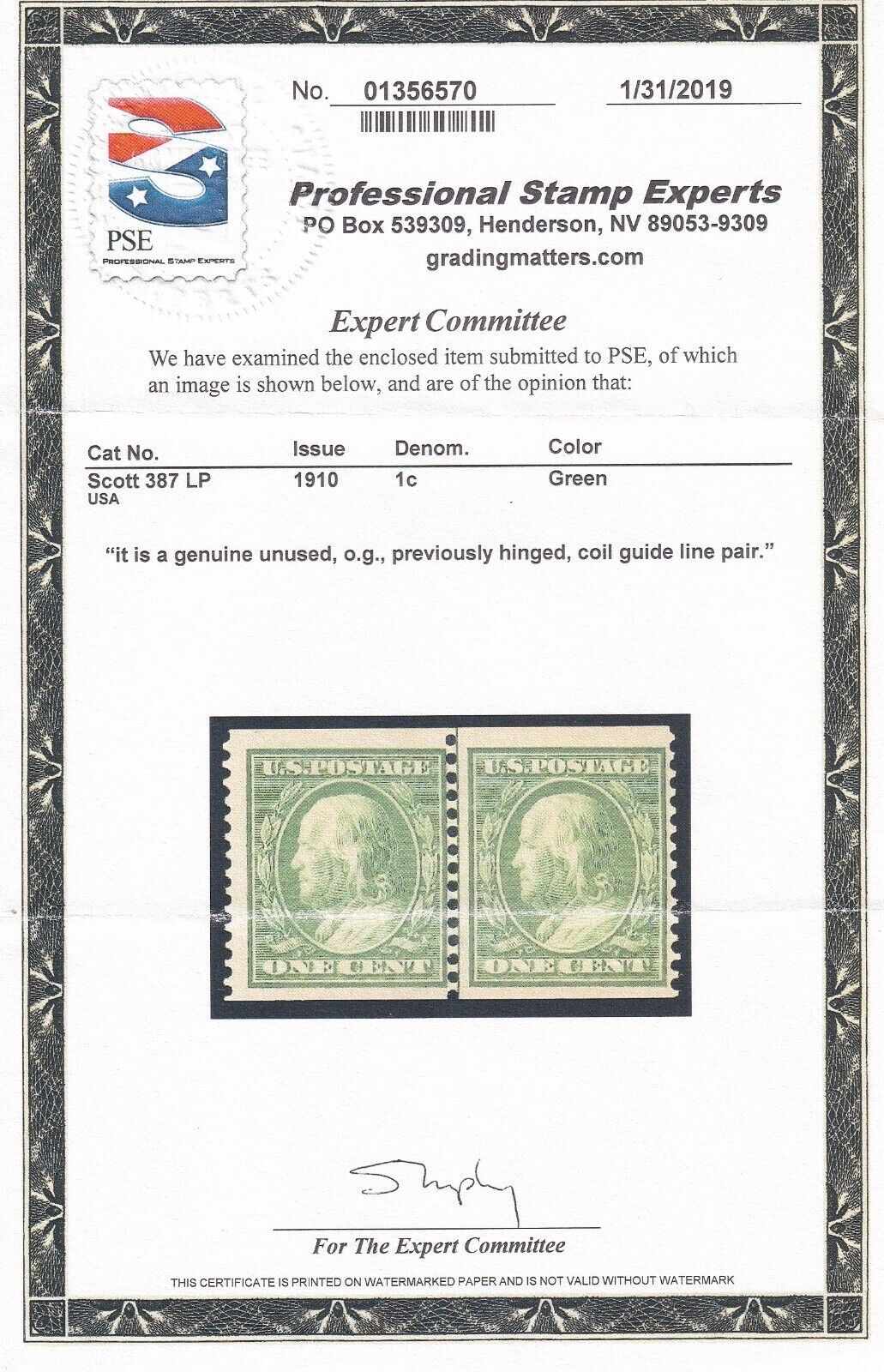 387 Line Pair with PSE cert F-VF OG lightly hinged cv $ 1250 ! see pic ...