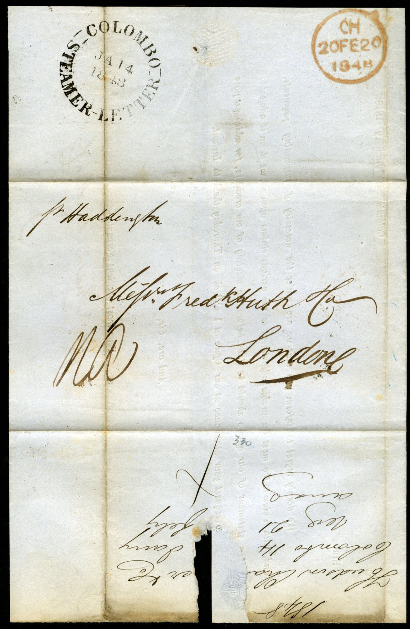 Ceylon, 1848 stampless folded letter sent via the steamer "Haddington ...