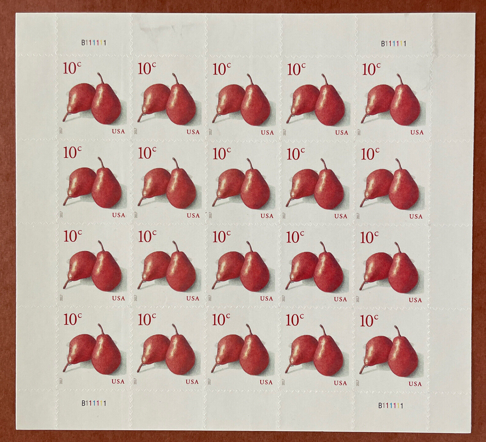 Scott 5178 RED PEARS Pane of 20 US 10¢ Stamps 2016 NH, Selvage Marks ...